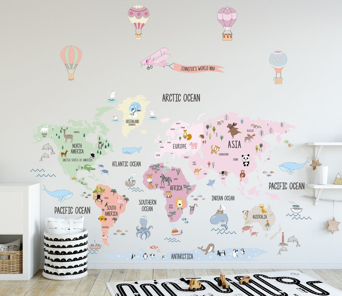 Mapa mundi infantil Niña Rosado animales, avion y globos – Living